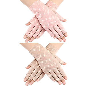 Maxdot Fingerless Gloves Non Slip UV Protection Driving Gloves Summer Outdoor Gloves for Women and Girls (Pink and Khaki,2 Pairs)
