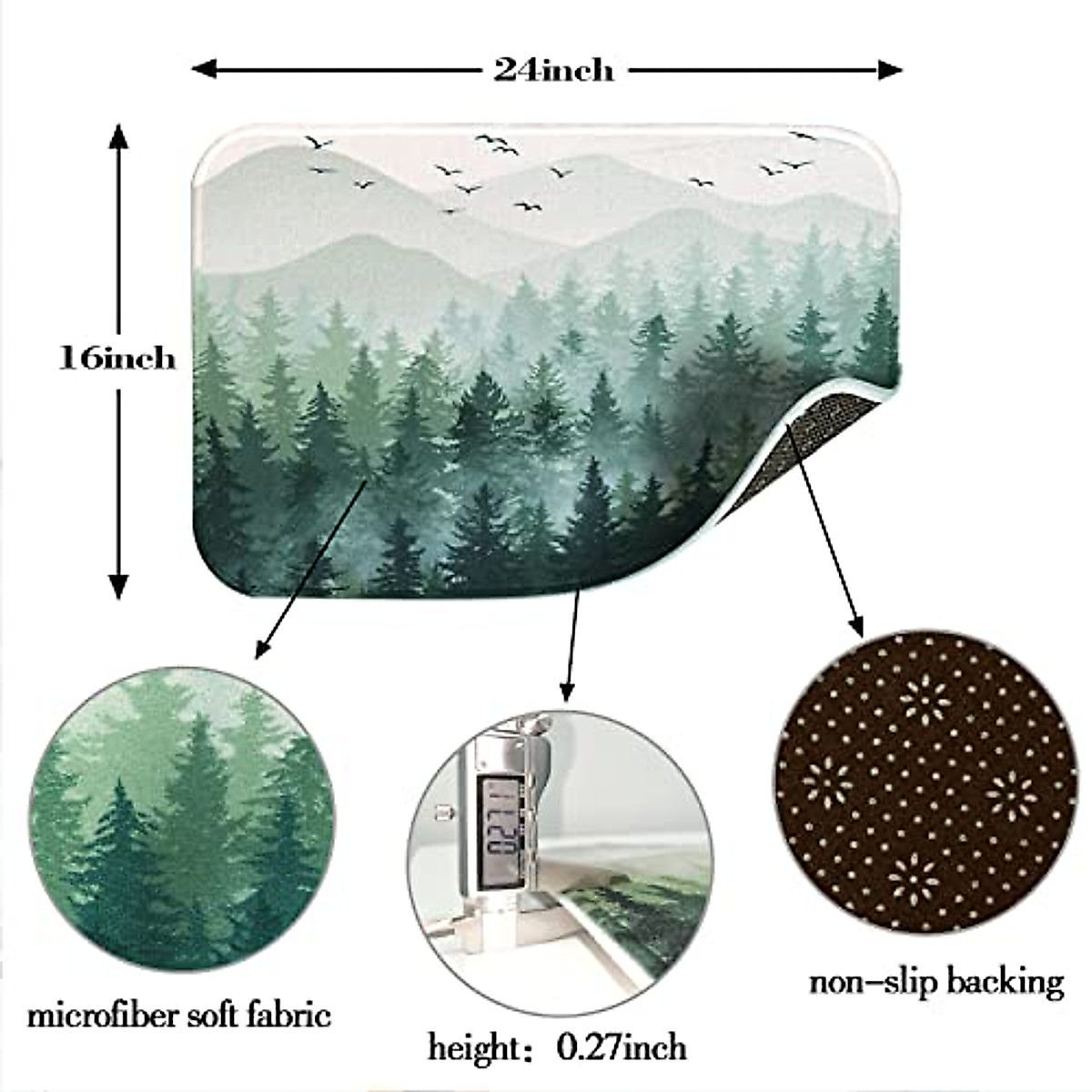 Accnicc Green and White Misty Forest Shower Curtain Bundle with Green Misty Forest Small Bathroom Rugs Mat Non-Slip Bath Rugs