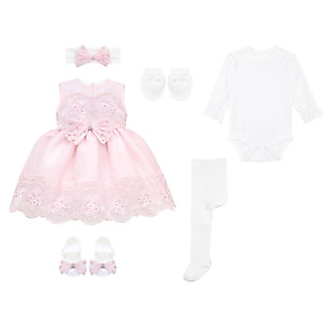 T.F. Taffy Baby Girl Newborn Pink Embroidered Princess Dress Gown 6 Piece Deluxe Set 0-3 Months