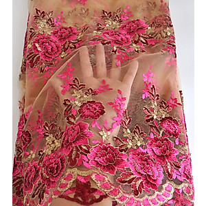 SanVera17 African Fabric Net Fabrics Nigerian Embroidered Rose Flower Lace Fabric for Party Dress (Rose) 5 Yards 220202