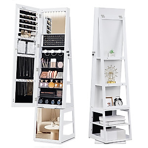 Hzuaneri 16 LEDs Jewelry Cabinet Armoire, 63" H Standing Jewelry Organizer with 360° Rotating Base, Lockable Full-length Mirror, 4-tier Storage Shelves, 4-in-1 design, White JC16003B