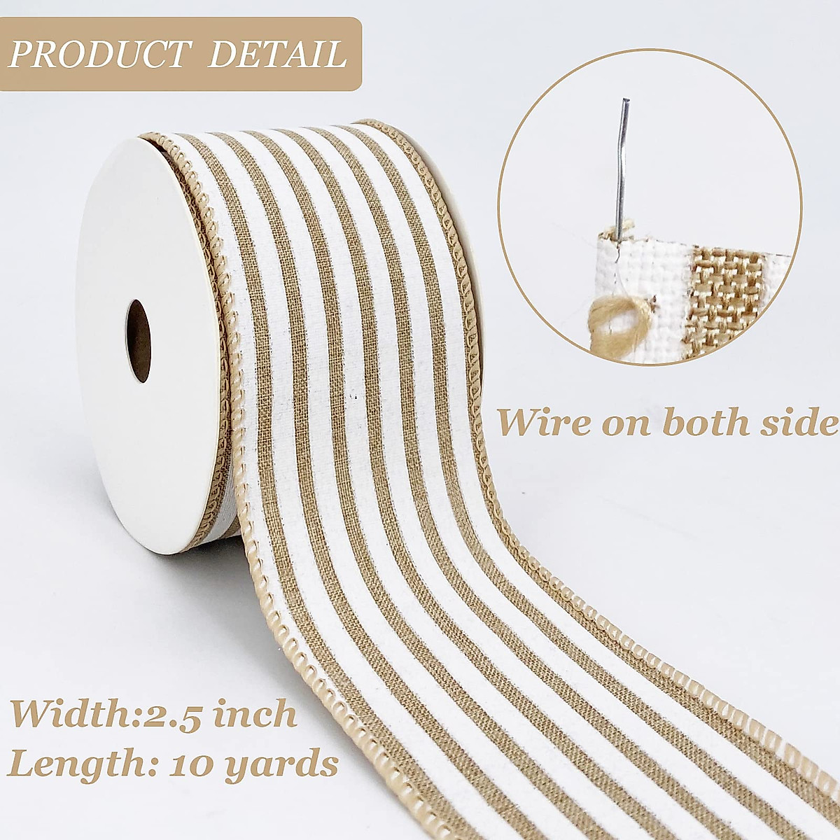 Leecogo Burlap Ribbon Wired,2 1/2”x10 Yard,White Stripe Rustic Ribbon for Easter, Christmas, Wreath, Spring, Summer, Wedding, Baby Shower, Birthday