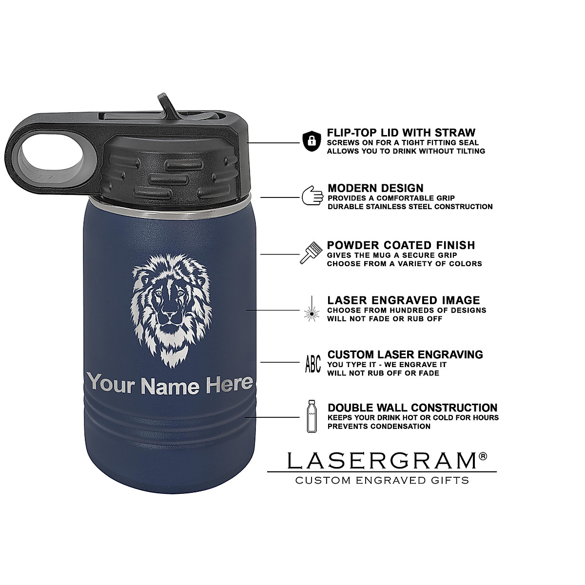 LaserGram Personalized Water Bottle, Polar Bear, Stainless Steel Double Wall Vacuum Insulated with Flip Top Straw, Custom Engraved Gift (12oz / 335ml Navy Blue)