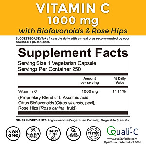 Viva Naturals Vitamin C 1000mg - Non-GMO Vitamin C Supplements with Citrus Bioflavonoids & Rose HIPS for Immune Support & Antioxidant Protection, 250 Vegetarian Capsules