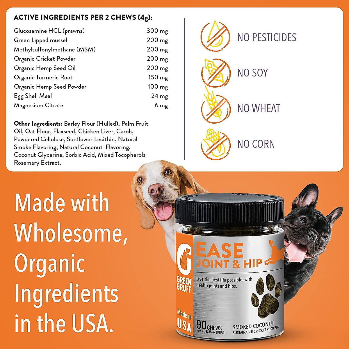 Green Gruff Dog Hip & Joint Supplement - Organic Dog Arthritis Supplement w/Glucosamine, MSM, Turmeric - Made in USA - Joint Mobility, Reduced Inflammation, Arthritis Pain Relief for Dogs - 90 Chews