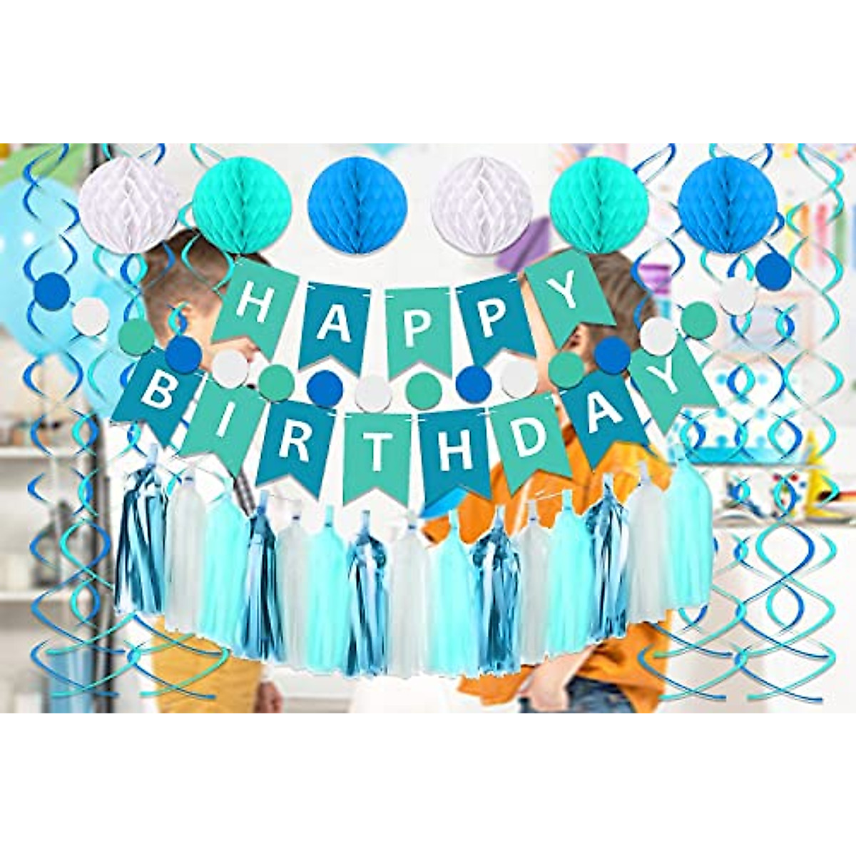 Blue Birthday Party Decorations, Blue Happy Birthday Banner for Kids Birthday Decorations, Blue Tissue Paper Tassels Garland Honeycomb Balls Swirls Streamers for Boys Girls Family Birthday Decorations