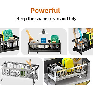 Hovadova Kitchen Sink Caddy Sponge Holder for Kitchen Sink Counter, Rustproof 304 Stainless Steel Dish Sponge Organizer with Removable Divider, Soap Brush Holder Kitchen Sink Accessories, Black