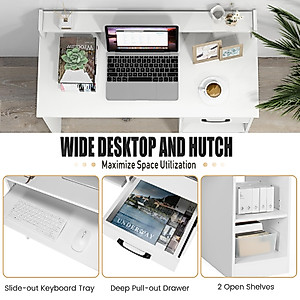 SILKYDRY Computer Desk with Hutch & Keyboard Tray, Home Office Workstation with Drawer, Adjustable Shelves, Modern Vanity Table for Bedroom, Wooden Writing Study Laptop PC Desk (White)