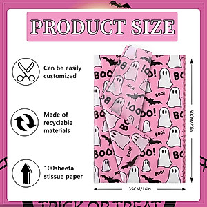 100 Sheets 20 * 14 Inches Pink Ghost and Boo Tissue Paper Halloween Bat Ghost Printed Tissue Paper for Birthday Party Baby Shower Halloween Party DIY Craft