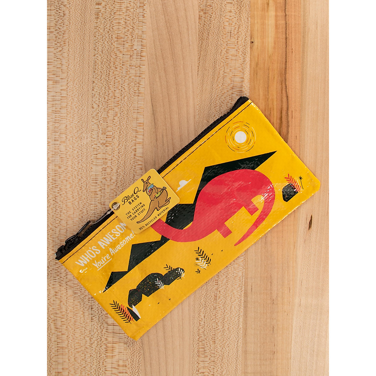 Blue Q Pencil Case ~ Who's Awesome? You're Awesome! (Dinosaur with Dimples). Hefty Zipper, Easy-to-Rinse-Clean, 95% Recycled Material. Store Makeup, Chargers, Coupons, Pencils. 4.25"h x 8.5"w