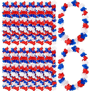 JUNEBRUSHS 24 Pack Patriotic Leis Red White and Blue Flower Leis, 4th of July Garlands Hawaiian Luau Flower Necklaces Bulk for Fourth of July, Memorial Day, Independence Day Decorations Party Favors