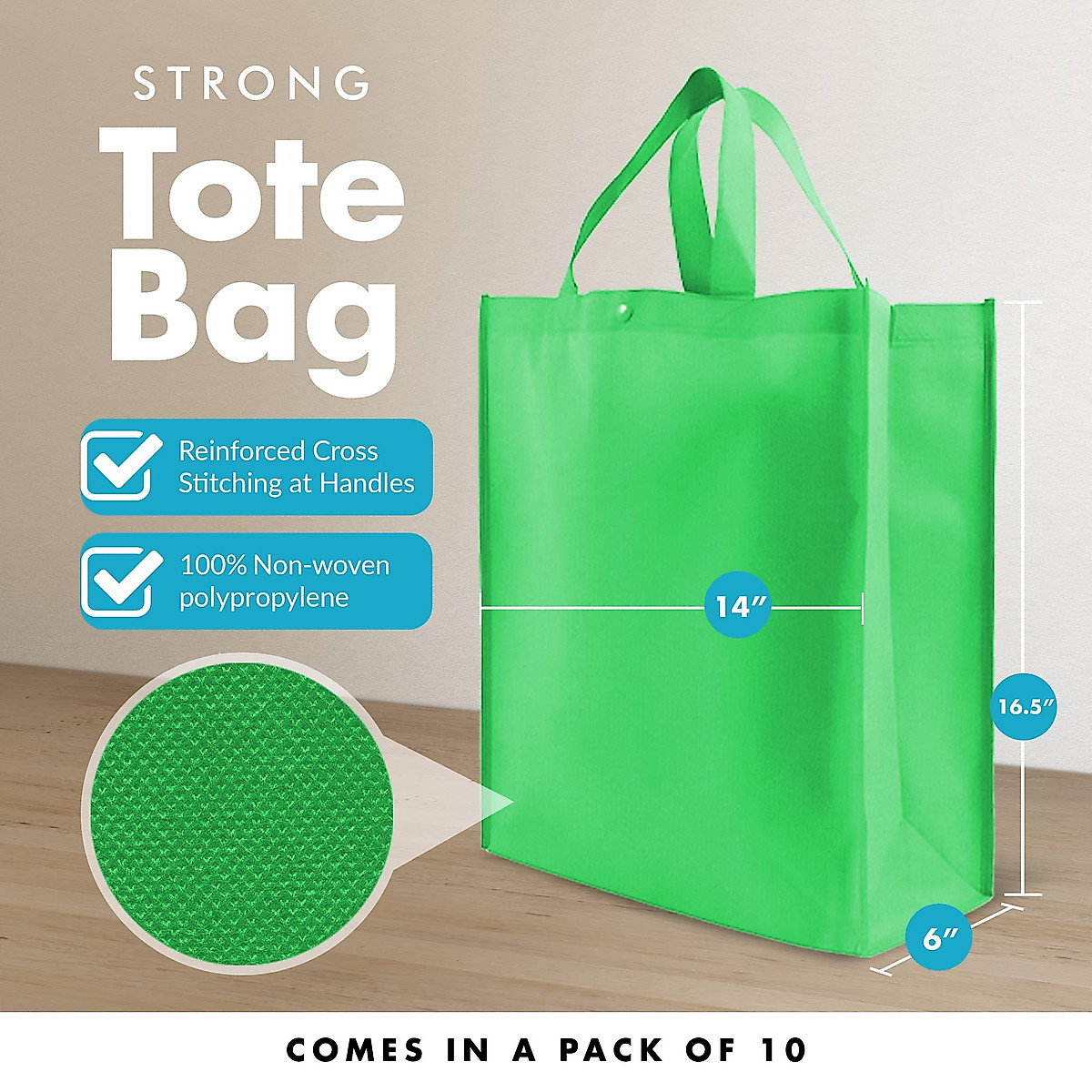 Simply Green Solutions - Reusable Grocery Bags, Durable Large Tote Bags, Shopping Bags for Groceries, Utility Tote, Reusable Gift Bags With Handles, 14 x 16.5 x 6, Pack of 10, Kelly Green