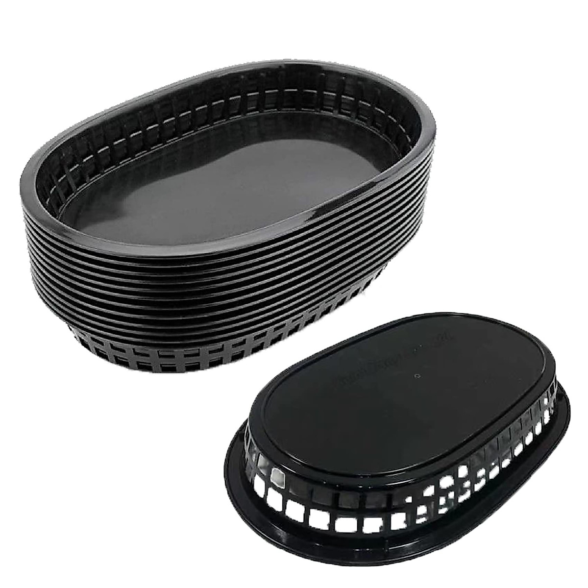 LyyGuanYoo 40 Pack Fast Food Baskets, Reusable Deli Fast Food Storage Baskets, 10.5 x 7 Inch Black Plastic Baskets, Food Service Tray Holder Set for Fruit, Hot Dogs, Burgers, Fries, Snacks,Picnic