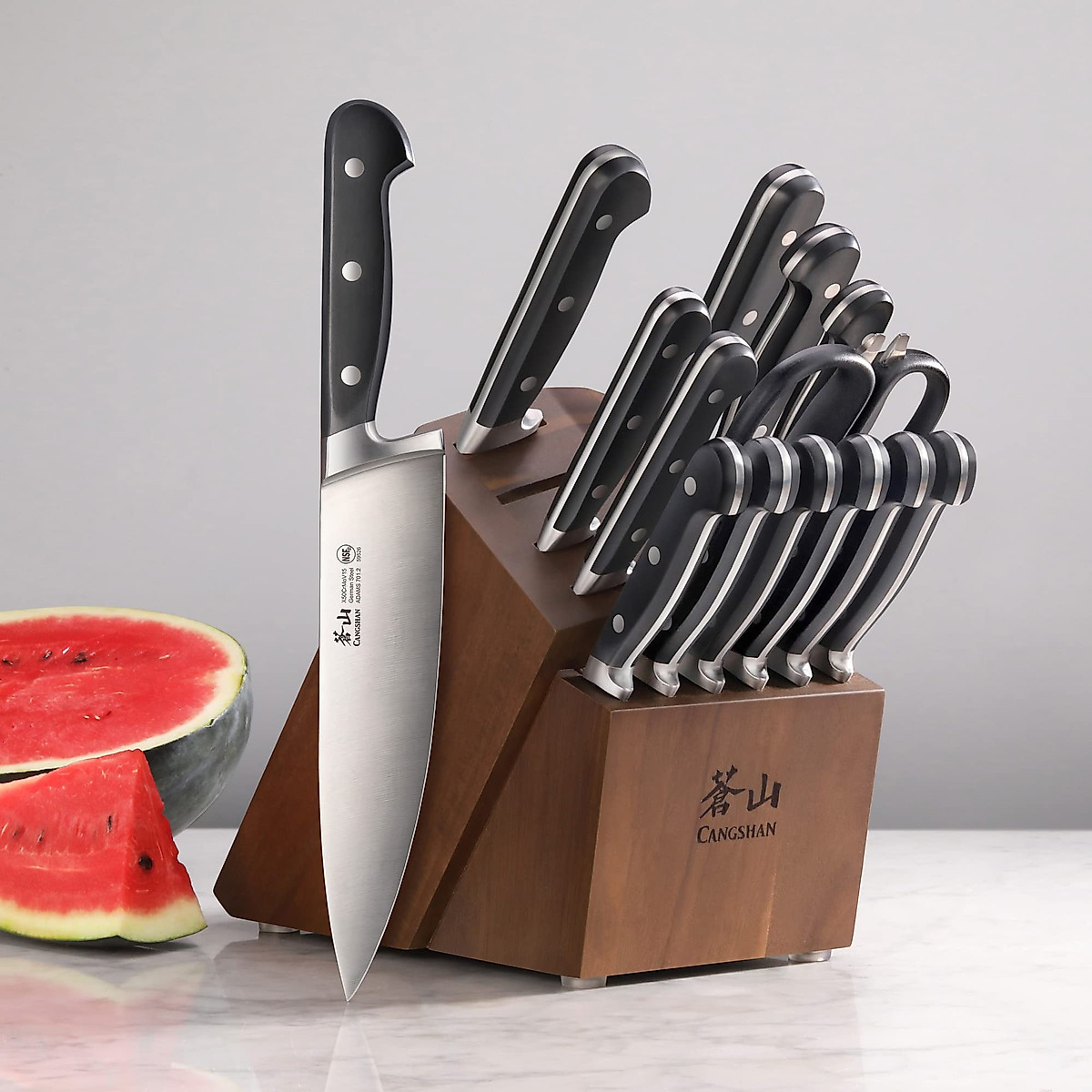 Cangshan Adams Series 1027266 German Steel Forged 15-Piece Knife Block Set, Black