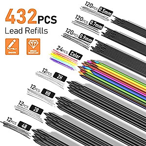 FourCandies 25PCS Art Mechanical Pencil Set with Case, 3PCS Metal Artist Lead Pencil 0.5, 0.7, 0.9 mm & 3PCS 2mm Lead Holder(HB 2H 2B 4B Color) with 432PCS Graphite Lead Refills for Drawing Sketching