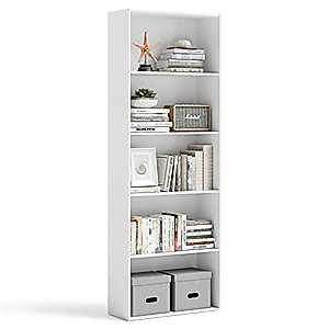 Tangkula 5-Shelf Bookcase, 23.5''L x 9.5''W x 67''H, Multi-Functional Wood Storage Display Open Bookshelf for Home Office (White)