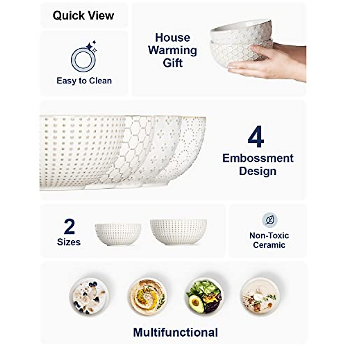 LE TAUCI Cereal bowls 26 OZ, Ceramic Soup Bowl for Kitchen, Embossment Stoneware Bowl House-warming Gift for Soup, Pho, Chip, Fruits, Salad, Noodle, Ramen - 6 Inch, Set of 4, Arctic white