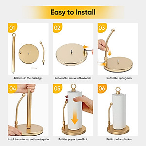 Paper Towel Holder Stainless Steel - One Hand Tear Paper Towel Dispenser Standing Weighted Base Non Slip, Spring Arm, Stainless Steel Paper Towel fits in Kitchen Bathroom Countertop (Gold)