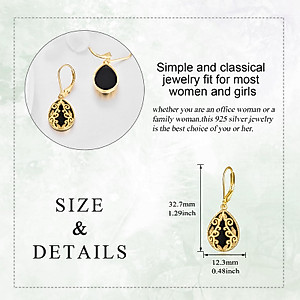 Sterling Silver Black Onyx Earrings18K Gold Plated Filigree Teardrop Leverback Dangle Earrings Boho Drop Earrings Jewelry Christmas Gifts for Women