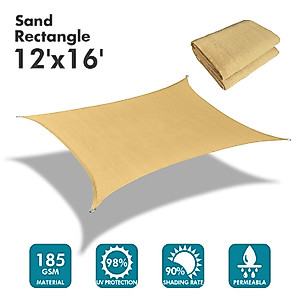 KANAGAWA Sun Shade Sail 12'x16' Sand Rectangle UV Block Canopy Awning Shelter Fabric Cloth Screen for Outdoor Patio Garden Backyard Activities