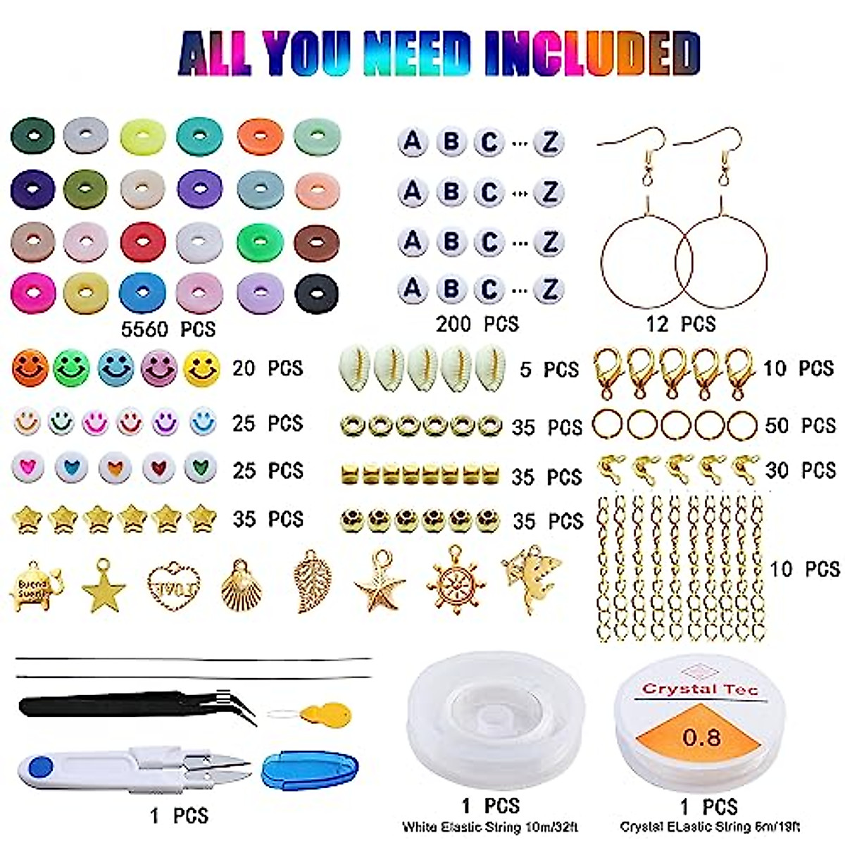 Segden 6000pcs Clay Bead Bracelet Kit,Polymer Flat Beads for Bracelet Making Kit,24 Colors Heishi Beads Letter Beads Spacer Beads for Friendship Bracelets with Charms Elastic Strings