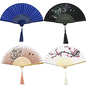Zonon Handheld Floral Folding Fans Cherry Blossom Pattern Hand Held Fans Silk Bamboo Fans with Tassel Women's Hollowed Bamboo Hand Holding Fans for Women and Men (4 Pieces)