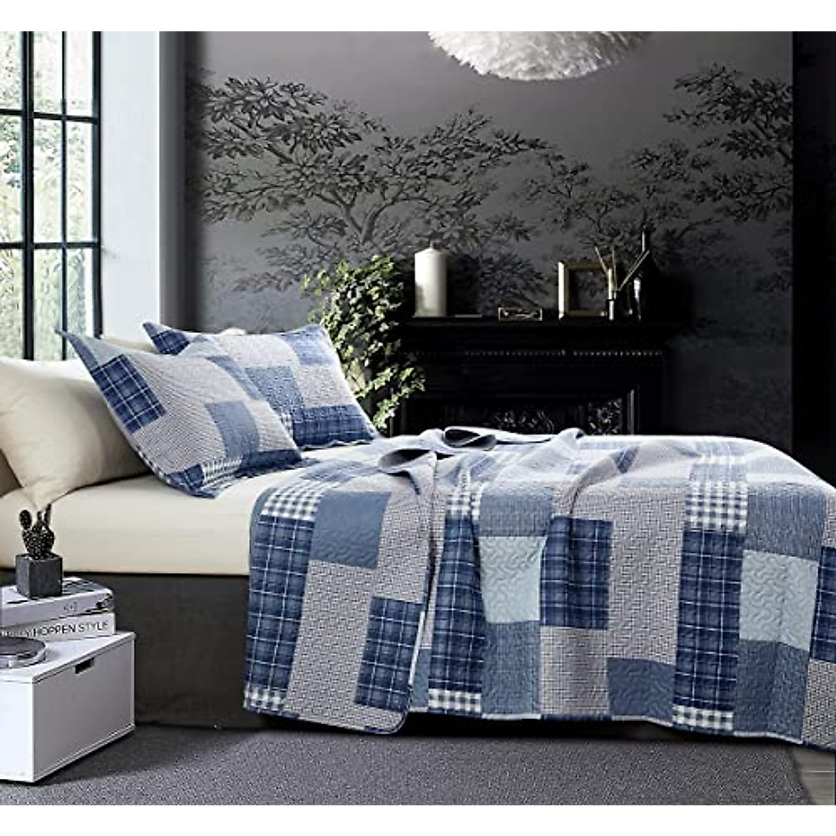 Bedspread Set Queen/Full Size Plaid Quilt Bedding Queen Grey Blue Patchwork Modern Lightweight Quilt Bedspread Home Reversible Coverlet-Soft Polyester 3 Piece Quilt Set Collection
