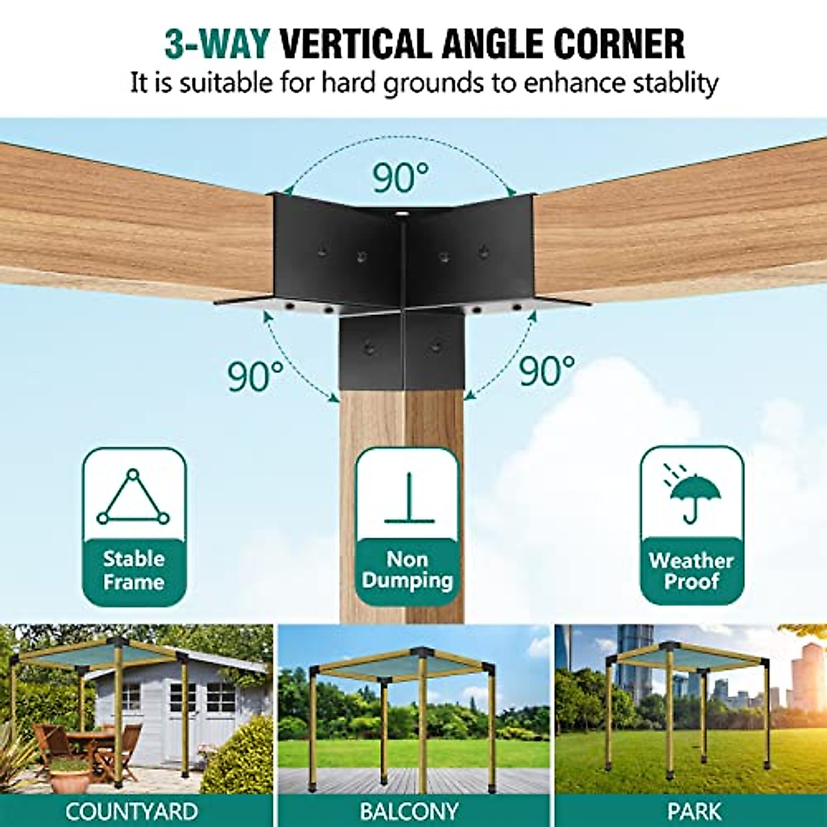 Kinchoix Pergola Brackets, 4 Pack Woodworks Pergola Kit 3-Way Right Angle Corner Bracket with Pergola Post Base for 4x4'' (Actual: 3.5x3.5'') Wood Beams Elevated Wood Stand Kit Pergola/Gazebo Kit