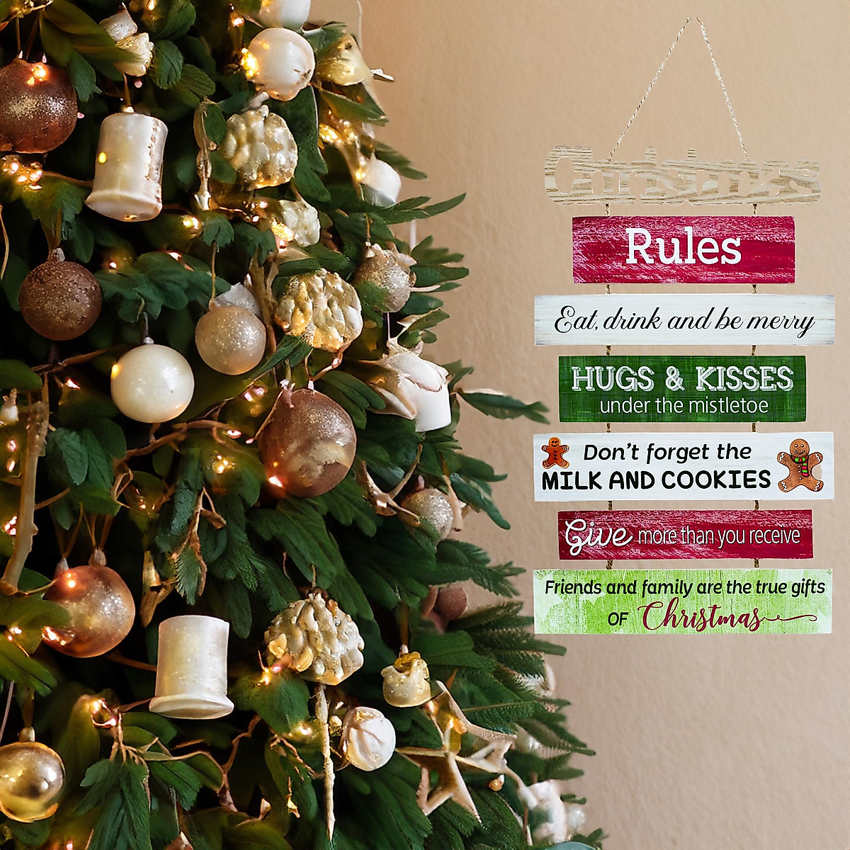 Christmas Wood Wall Decor Hanging Sign, Rustic Wooden Plaque, Holiday Rules 23" x 13.75" Jute Hanger