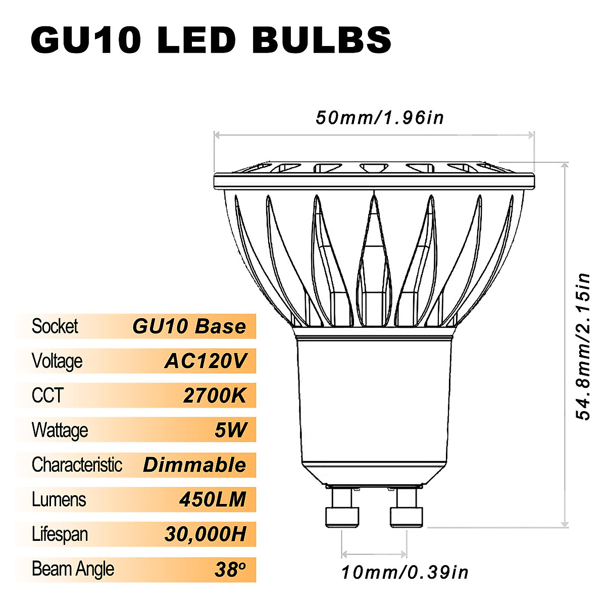 ALIDE GU10 Led Light Bulbs Dimmable AC120V,25W 35W 50W Halogen Replacement,2700K Warm White,MR16 GU10 Dimmable 2 Prong Base 5W Led Track Bulbs,450LM,38 Degrees,6Pack