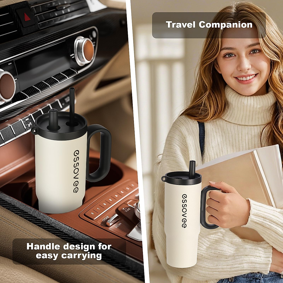 Essovee 26 oz Tumbler with Handle and Straw, Frosted Texture Insulated Stainless Steel Water Bottle with Lid, Keeps Cold/Hot Travel Coffee Mug with Straw Cover for Home Travel Office Use(White)