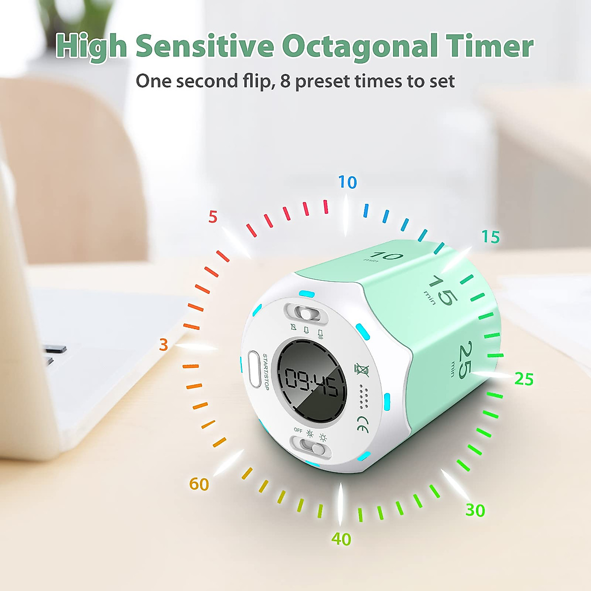 Pomodoro Timer, 8 Sides Visual Magnetic Timer, Digital Cube Flip Timer, Countdown & Count up Timer, Silent & Alarm, Rotating Productivity Timer for Time Management Work Study Exercise(Green)