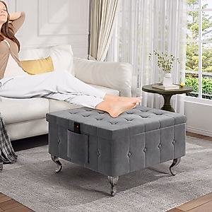 DKLGG Large Square Storage Ottoman Tufted, Oversized Ottoman Coffee Table for Living Room, Velvet Upholstered Ottoman with Storage, Grey Ottoman Bench for Bedroom
