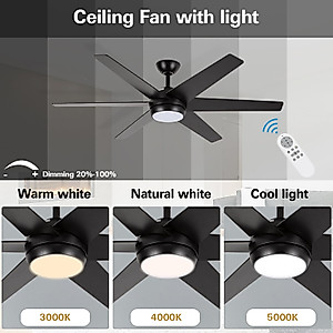 hykolity 52 inch Ceiling Fans with Integrated LED Lights and Remote Control, 6 Blades, 6 Speed, Dimmable, 3CCT, Quiet Reversible Motor, Indoor Modern Ceiling Fan - Black