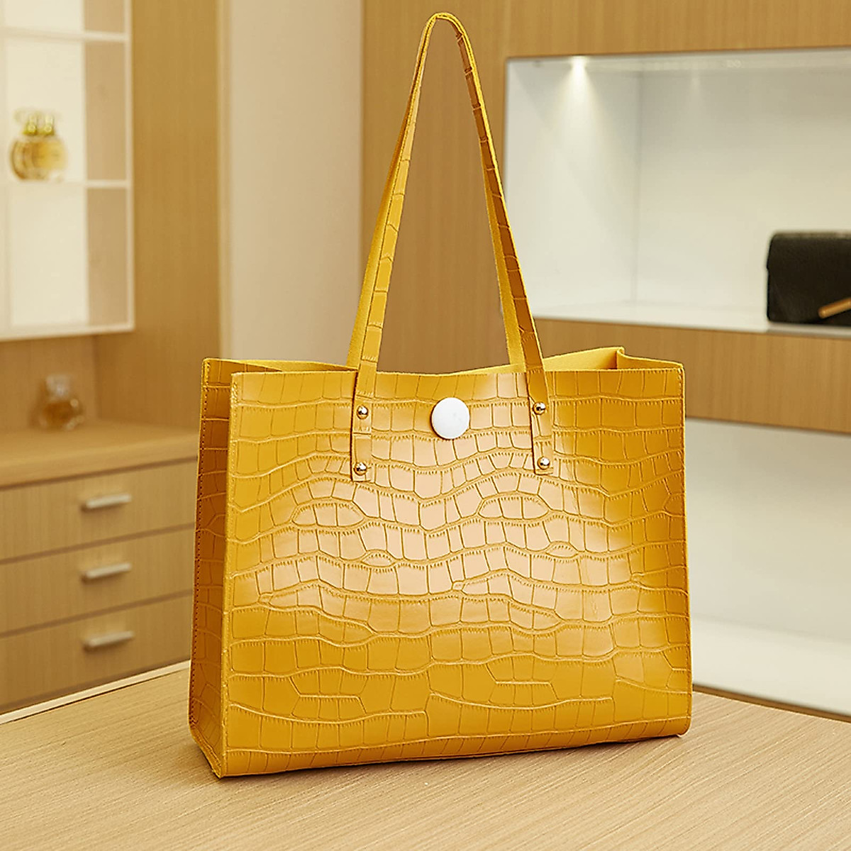 RUIVE Fashion Women Artificial Leather Solid Color Stone Pattern Phone Bag Shoulder Bag Hand Bag Tote Bag (Yellow, One Size)