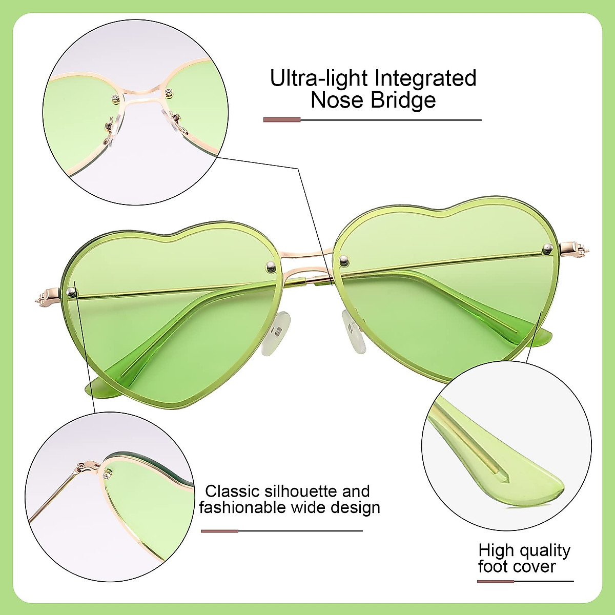 Przene Green Heart Sunglasses For Women Metal Frame Fashion Lovely Sunglasses 100% UV Protection. (Standard, Green)