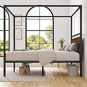 ikalido Queen Size Metal Canopy Bed Frame with Wooden Headboard, Classic Design Canopy Bed with 4 Sturdy Posters, Noise Free/No Box Spring Needed/Rustic Brown