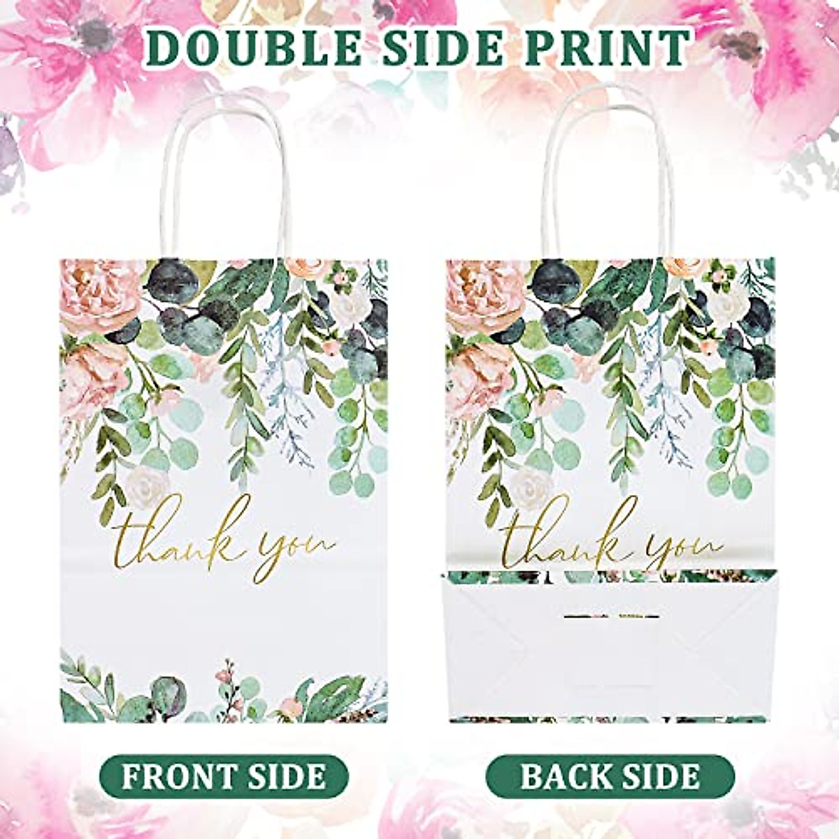Whaline 16Pcs Thank You Gift Bags Floral Design Gift Bags with Handles Wedding Small Paper Bags for Business Shopping Boutique Gifts,Birthday Party,Baby Shower,Wedding Celebration,6.3 x 8.7 x 3.1in