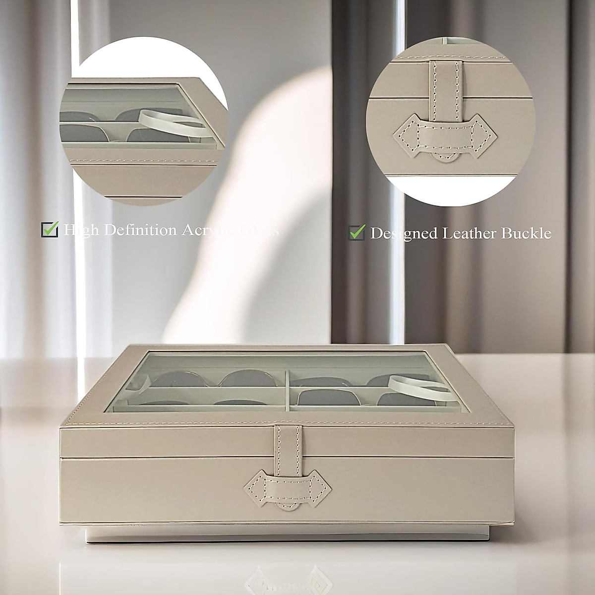 UnionPlus 8-Slots Sunglasses Case Organizer, Eyeglass Glasses Display Holder Collector, Multiple Sunglasses Storage Case, Pearly-lustre Beige