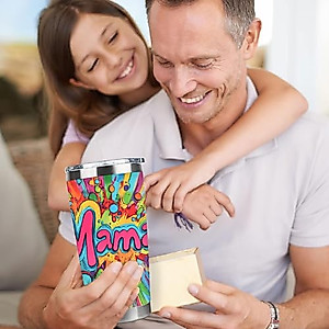 FOCIUZTA 20oz Vibrant Abstract Mama Text Tumbler with lid, Travel Coffee Cup, Ideal for Easter, Mother Day, and birthday gifts