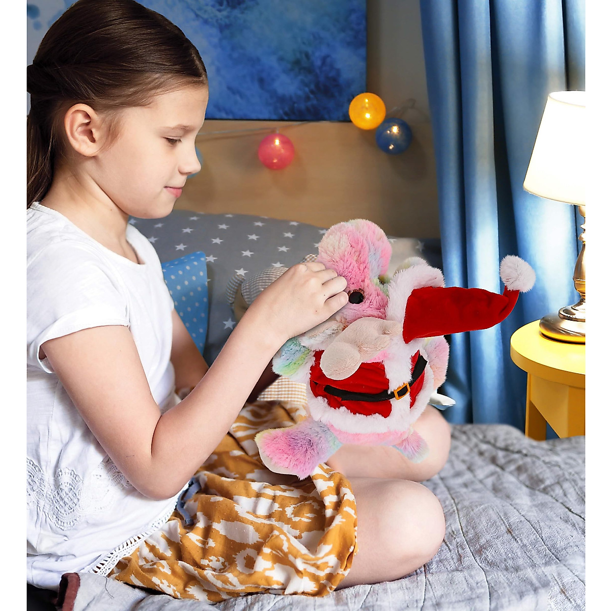 DolliBu Santa Rainbow Lying Moose Stuffed Animal Plush Toy - Super Soft Dress Up with Red Santa Claus Outfit, Cute Lying Moose Gift Perfect Holiday with Name Personalization - 9.5 Inch