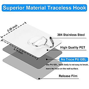 Adhesive Hooks Wall Hooks Strong Adhesive Hooks 13lbs Seamless Clear Transparent Hooks for Towel Loofah Bathrobe Coats Ceiling Hanger, Clearly Waterproof Hooks, 10 Pack. (2.36 * 3.15inch)