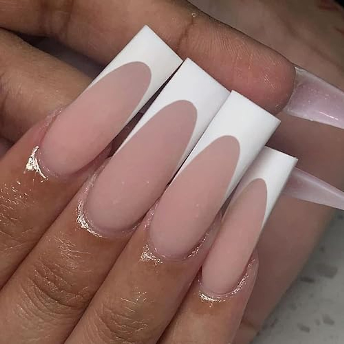 KQueenest Extra Long Press on Nails Solid Color Square Acrylic Fake Nails Full Cover Nude False Nails for Women and Girls Daily Wear 24PCS matte long