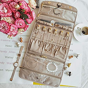 BAGSMART Travel Hanging Jewelry Organizer Case Foldable Jewelry Roll with Hanger for Journey-Rings, Necklaces, Bracelets, Earrings, Soft Pink