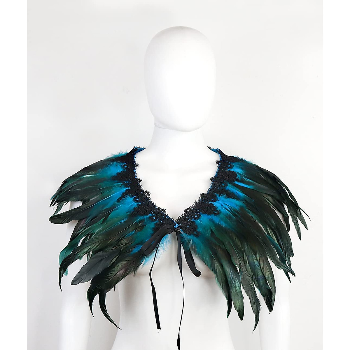 ZAKIA Women's Natural Feather Shawl Cape Halloween Shrug Black Brown Poncho Collar (Blue)