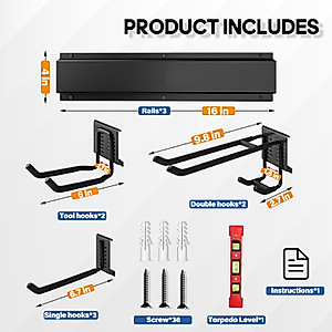VONLX 48inch Garage Storage Organization Garage with Torpedo Level Mounted Garden Tool Organizer Wall Mount Adjustable Garage Organizers with 7 Heavy Duty Hooks Tool Holder for Hanging Max Load 440lbs
