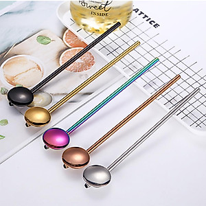 AKOAK 5 Pcs Stainless Steel Straw Spoon, Tea Spoon with Straw, Reusable Metal Cocktail Spoon, Perfect for Iced Coffee, Iced Tea, Juice, Smoothies, Milkshakes, for Drinking, Mixing and Stirring