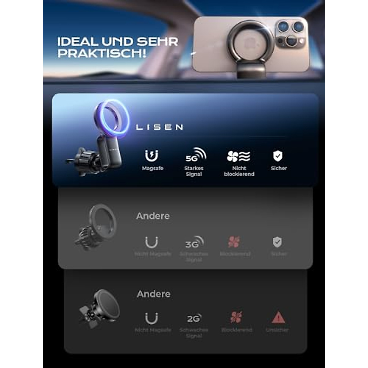 LISEN Fits MagSafe Car Mount - [30 Super Magnets] Magnetic Car Phone Mount, Air Vent Cell Phone Holder Clip, Automobile Car Phone Hold for iPhone 15 14 13 12 Pro Max Plus & MagSafe Case & All Phones