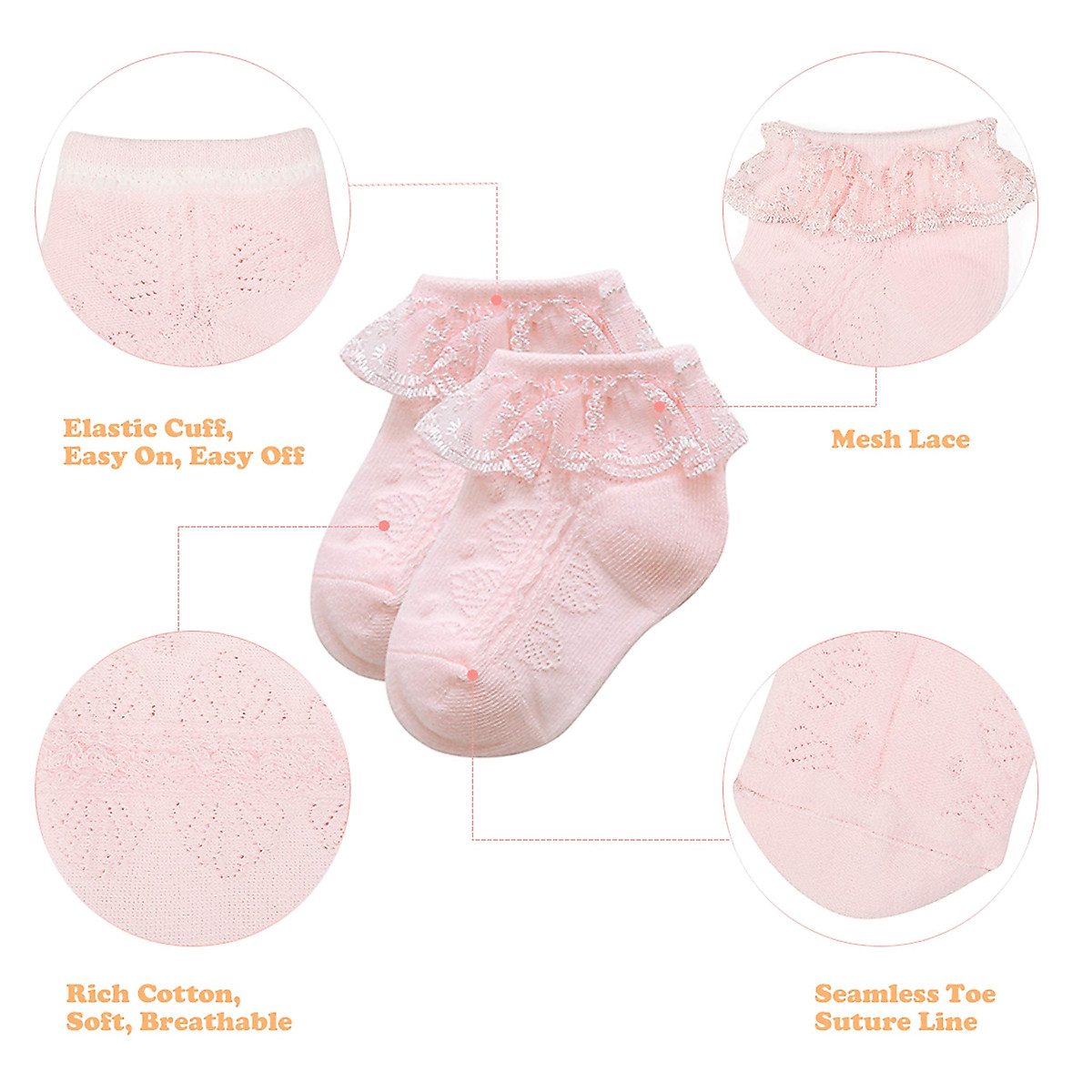 Durio Baby Ruffle Socks Baby Girl Socks Super Soft Lace Socks for Baby Girls Cute Baby Girl Ruffle Socks AA White & Ivory & Pink 3-12 Months