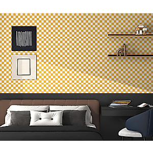 Modern Peel and Stick Wallpaper Orange and White Mosaic Checkered Contact Paper 17.7"x78.8" Self Adhesive Lattice Wallpaper Removable Decorative Wallpaper for Bedroom Countertops Cabinet Vinyl Roll